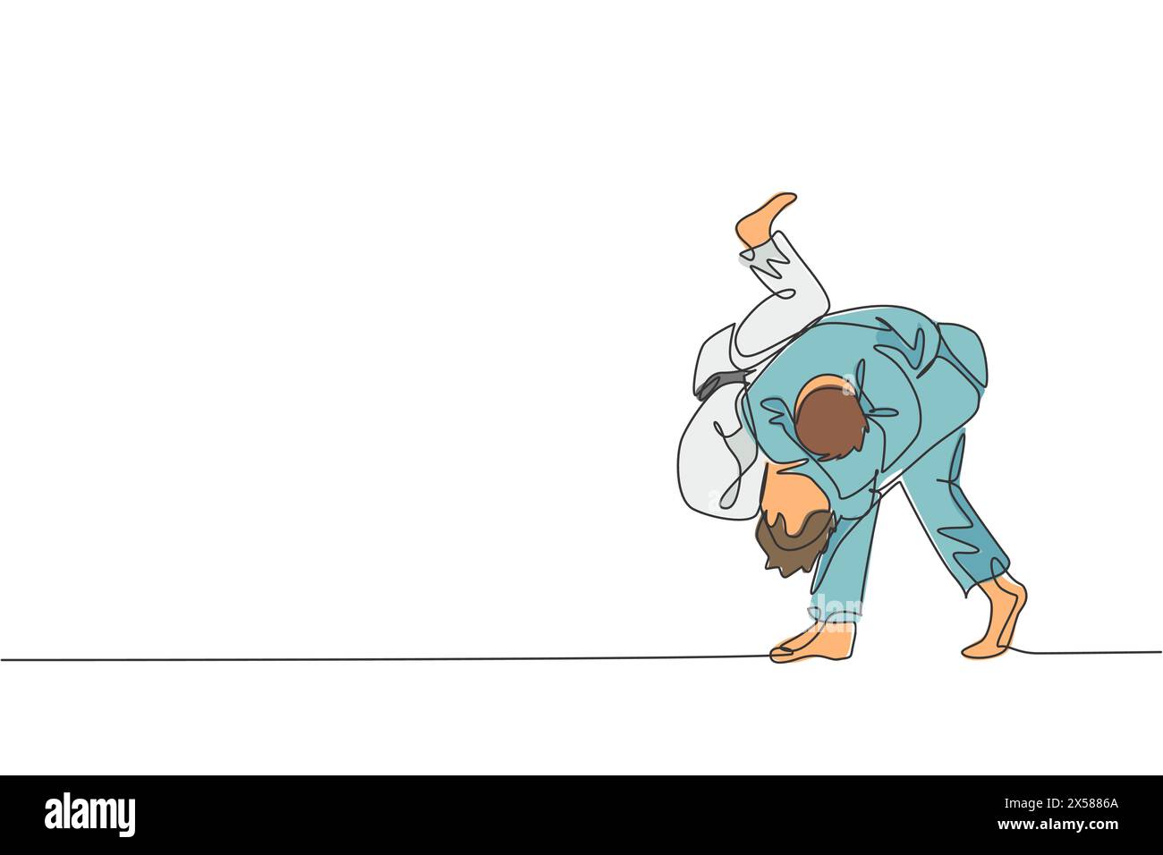 Single continuous line drawing of two young sportive judoka fighter men ...
