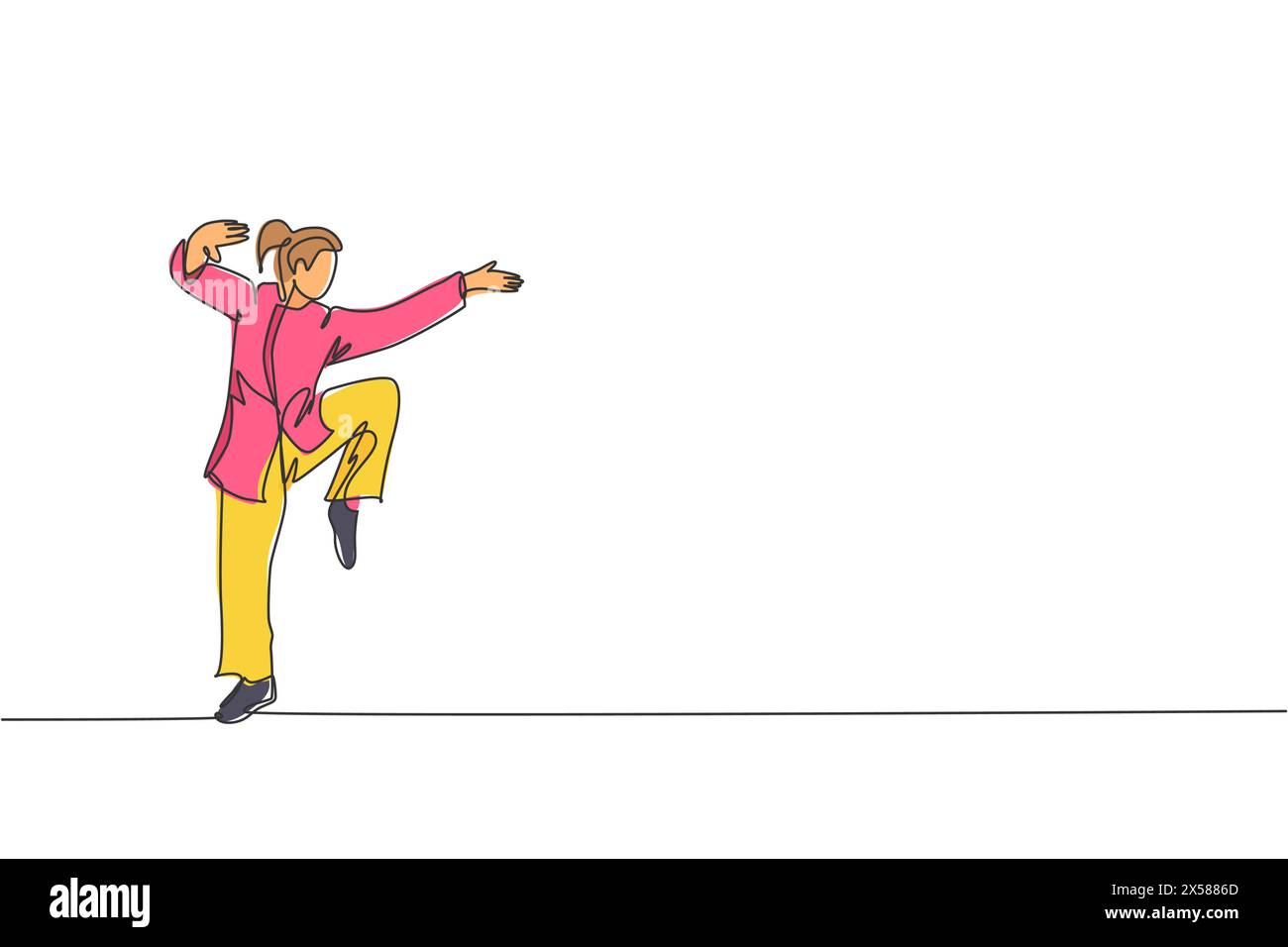 One continuous line drawing young wushu master woman, kung fu warrior ...