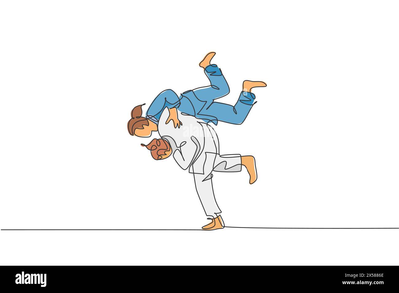 Single continuous line drawing two sportive judoka fighter women ...