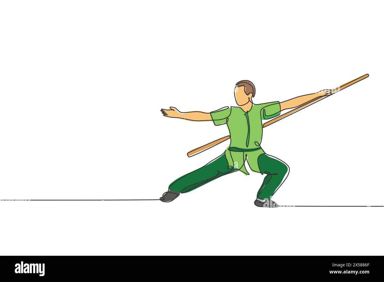 Single continuous line drawing of young man wushu fighter, kung fu ...