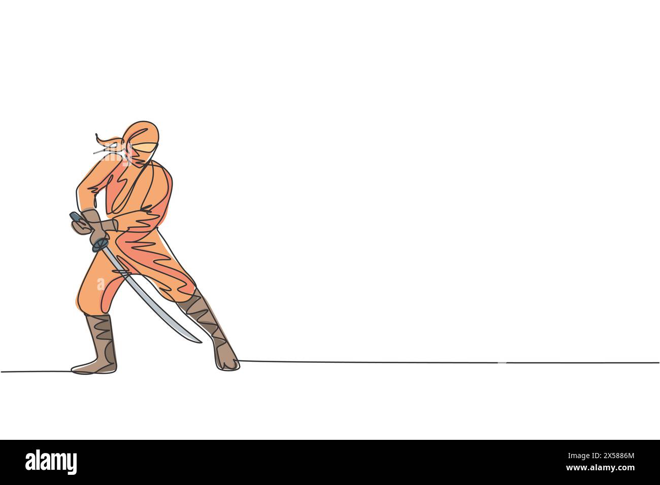 Single continuous line drawing of young Japanese culture ninja warrior ...