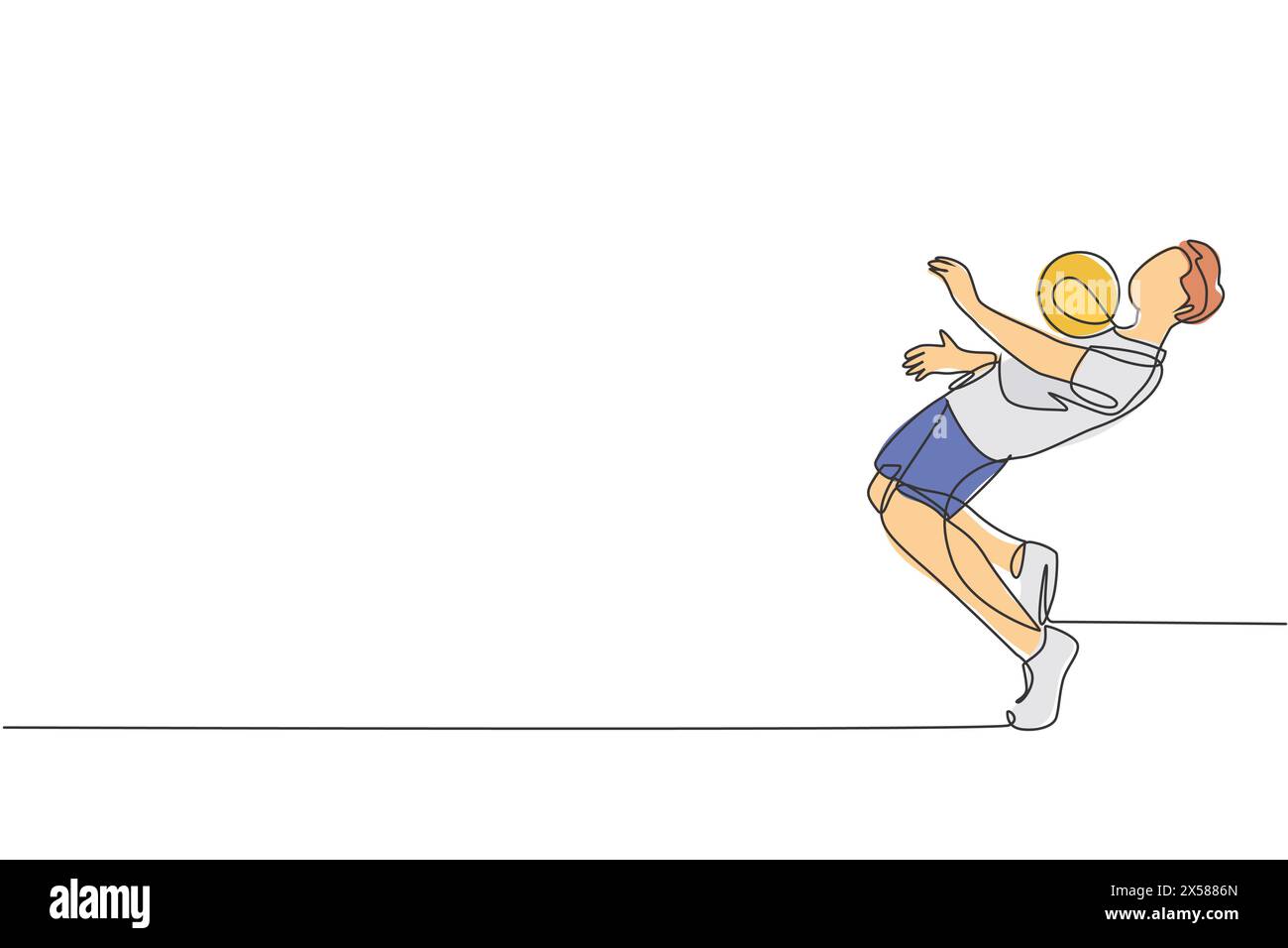 One single line drawing young happy man perform soccer freestyle hold ...