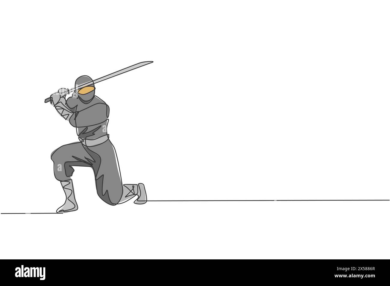 One continuous line drawing of young brave Japanese ninja character on ...
