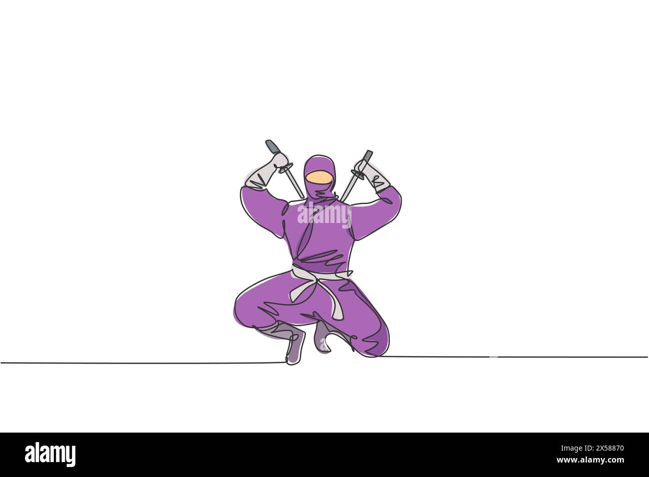 Single continuous line drawing of young Japanese culture ninja warrior ...