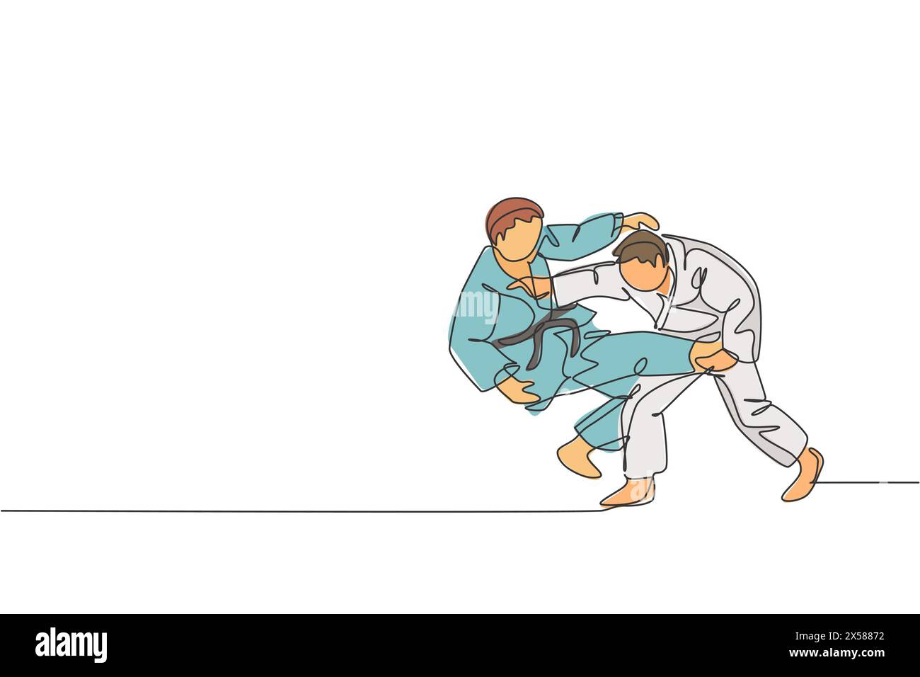 Single continuous line drawing of two young sportive judoka fighter men ...
