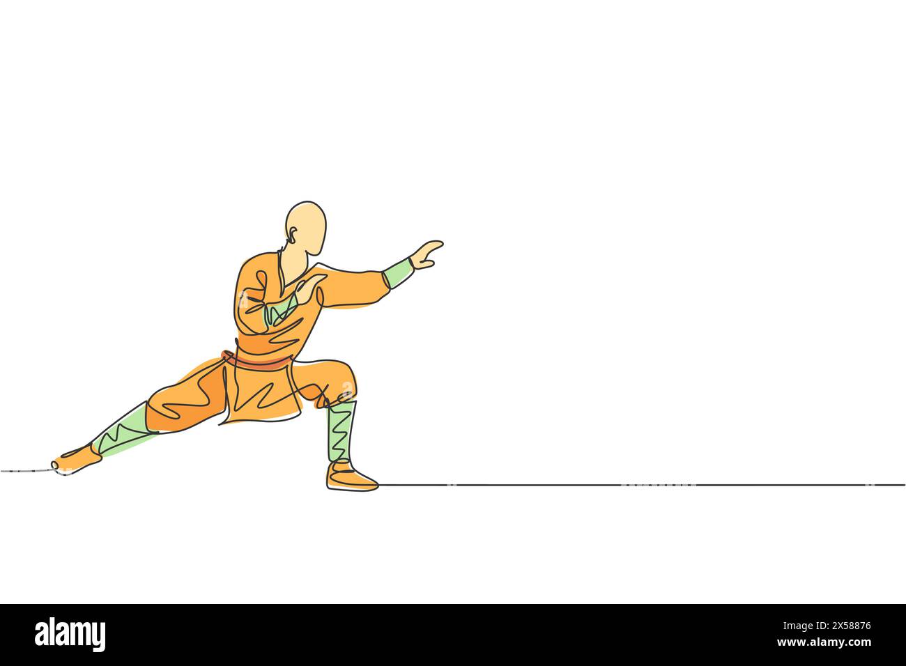 One continuous line drawing of young shaolin monk man practice kung fu ...