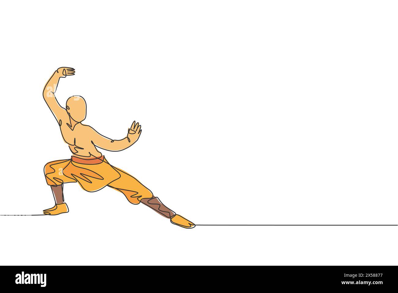 One continuous line drawing of young shaolin monk man practice kung fu ...