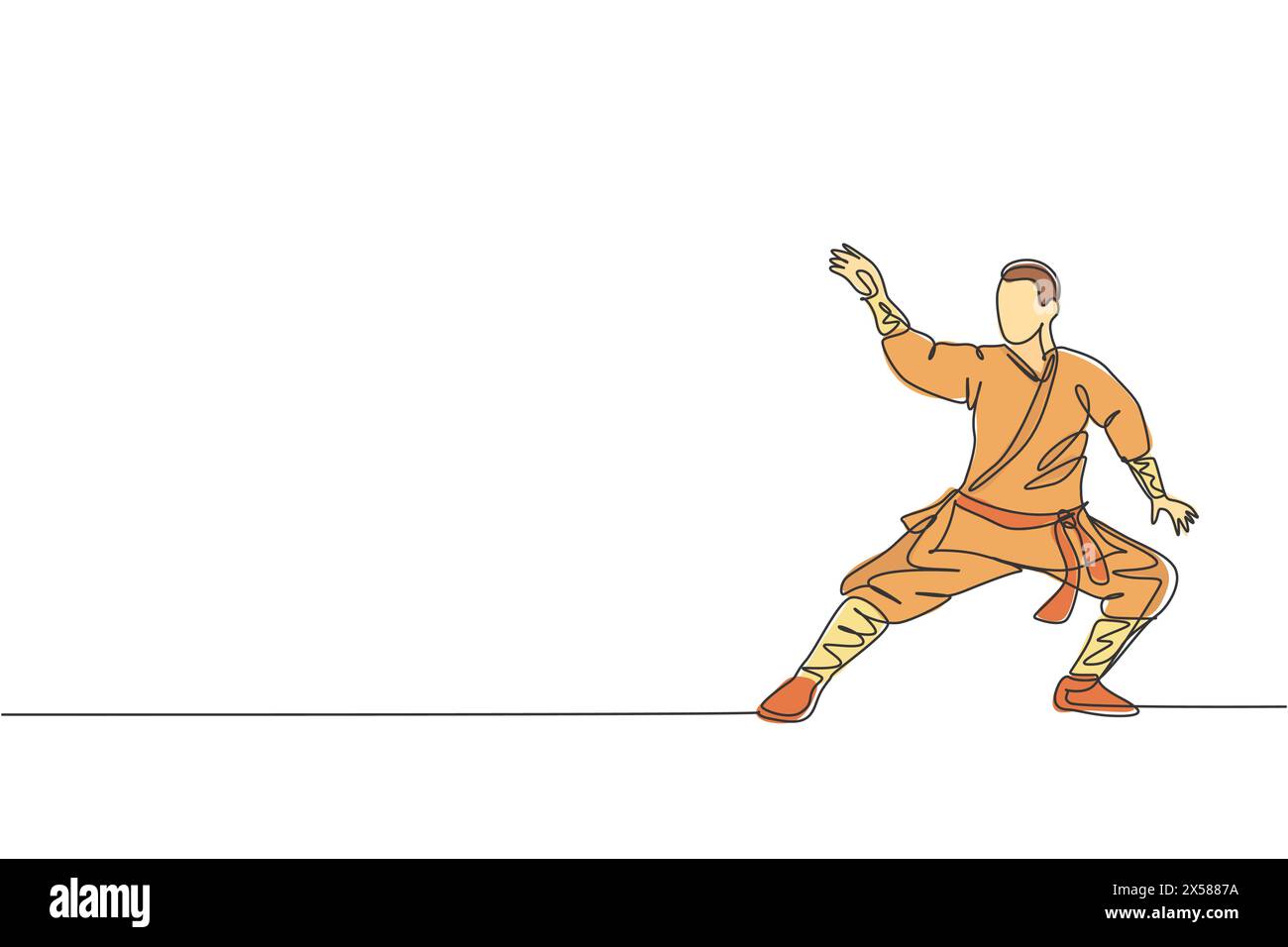 Single continuous line drawing young muscular shaolin monk man train ...
