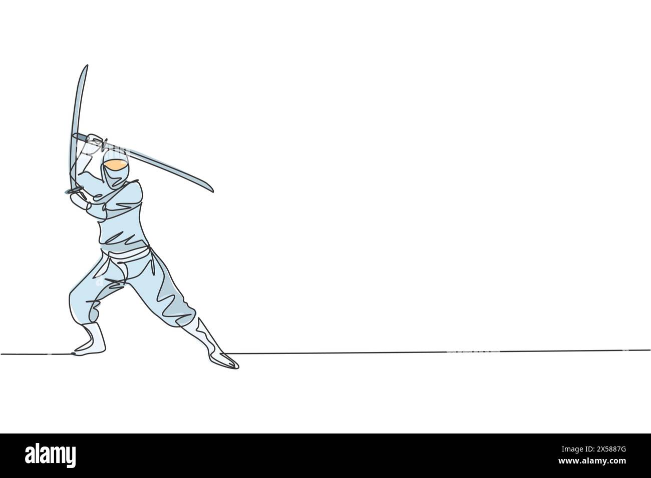One continuous line drawing of young brave Japanese ninja character on ...