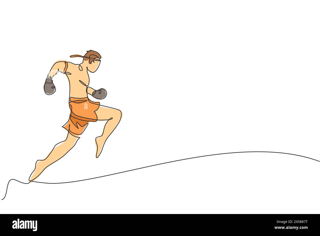 One continuous line drawing of young sporty muay thai boxer man ...