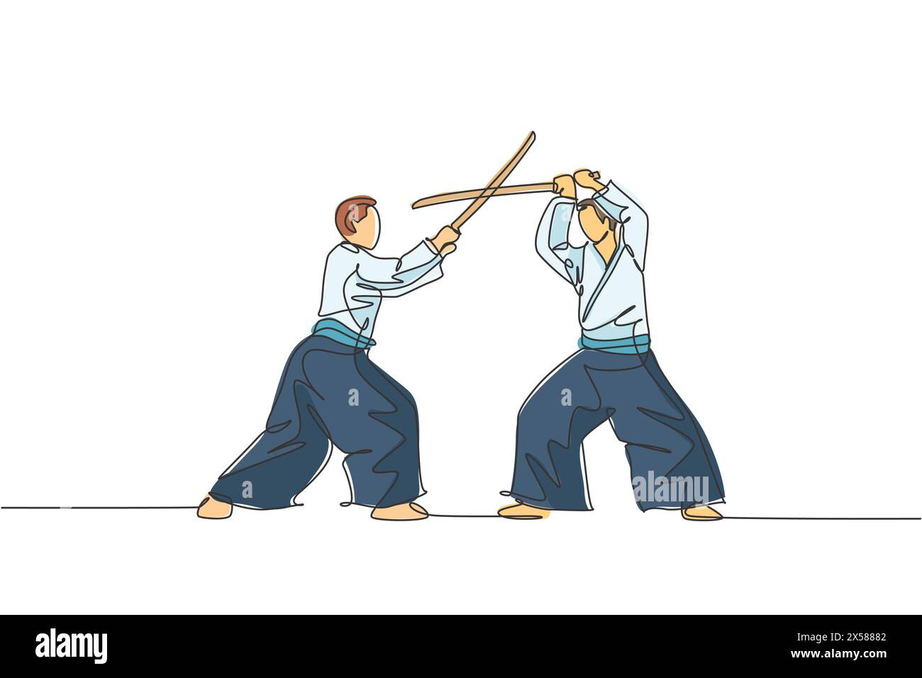 One continuous line drawing of young man aikido fighter practice using ...