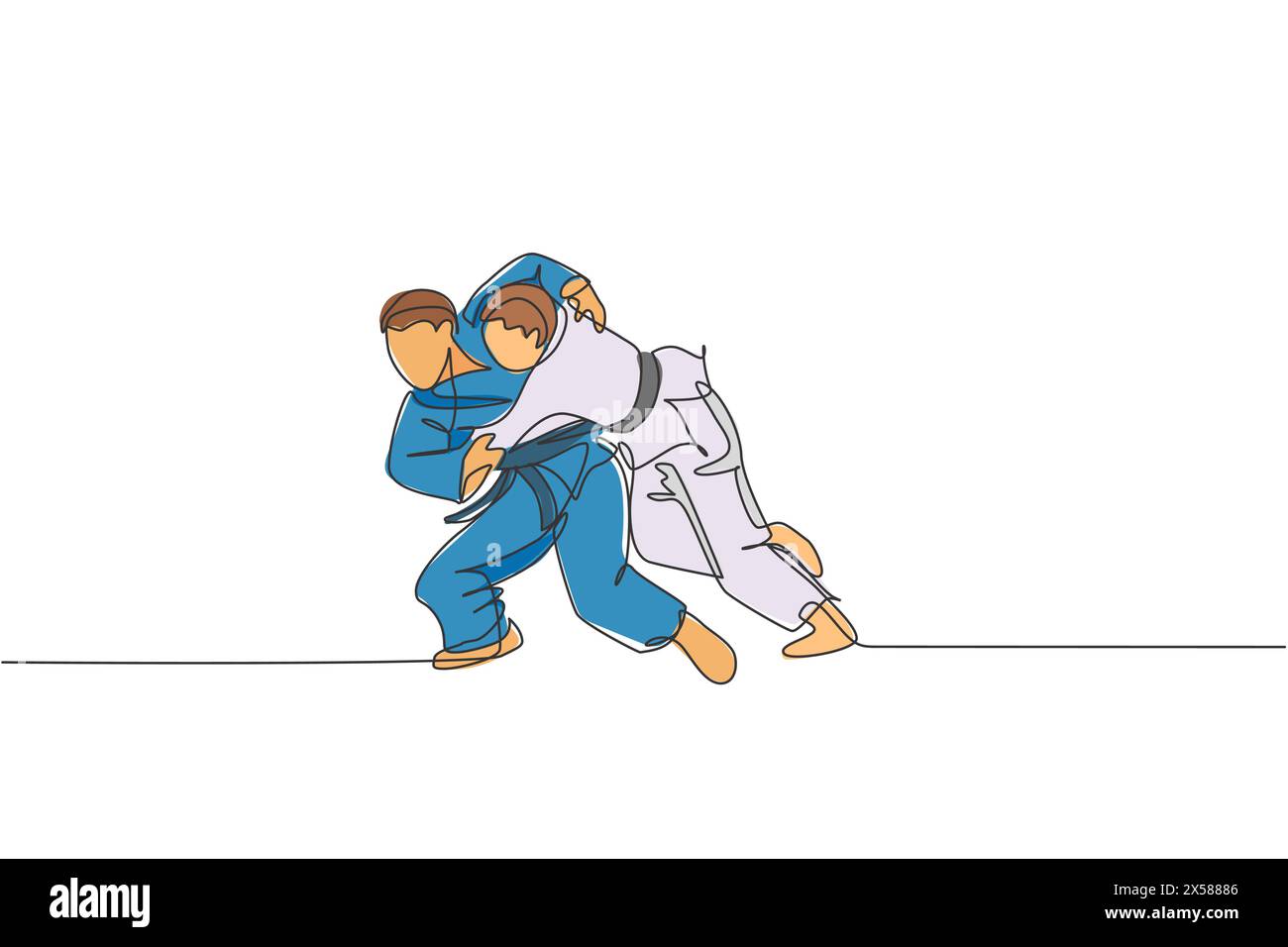 Single continuous line drawing of two young sportive judoka fighter men ...