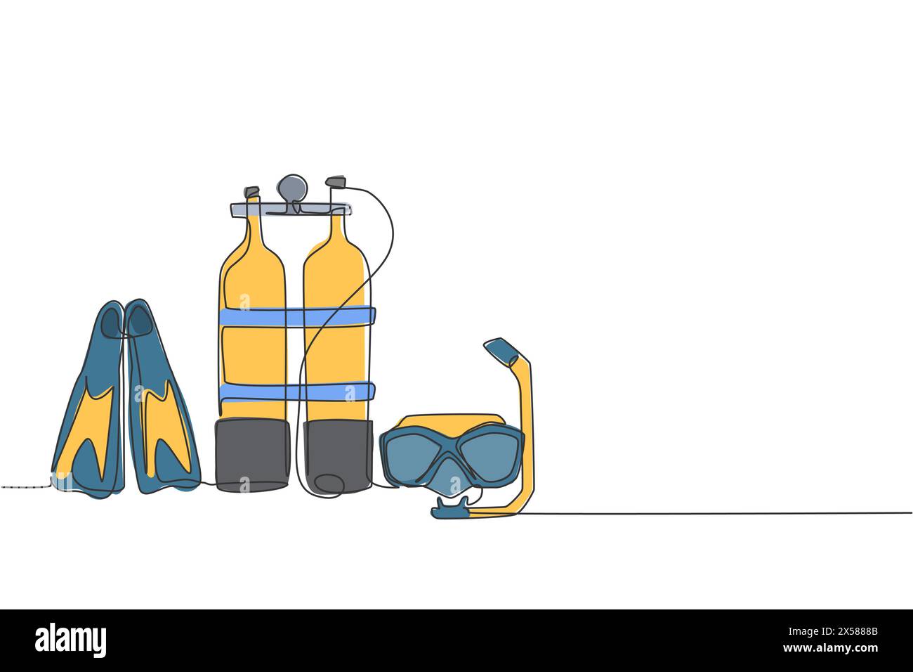 One single line drawing of wetsuit, swimsuit, regulator, oxygen, mask ...