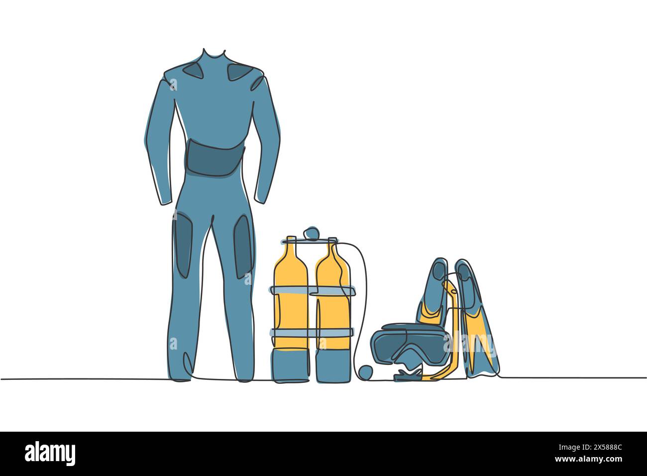 Single continuous line drawing of wetsuit, swimsuit, regulator, oxygen ...