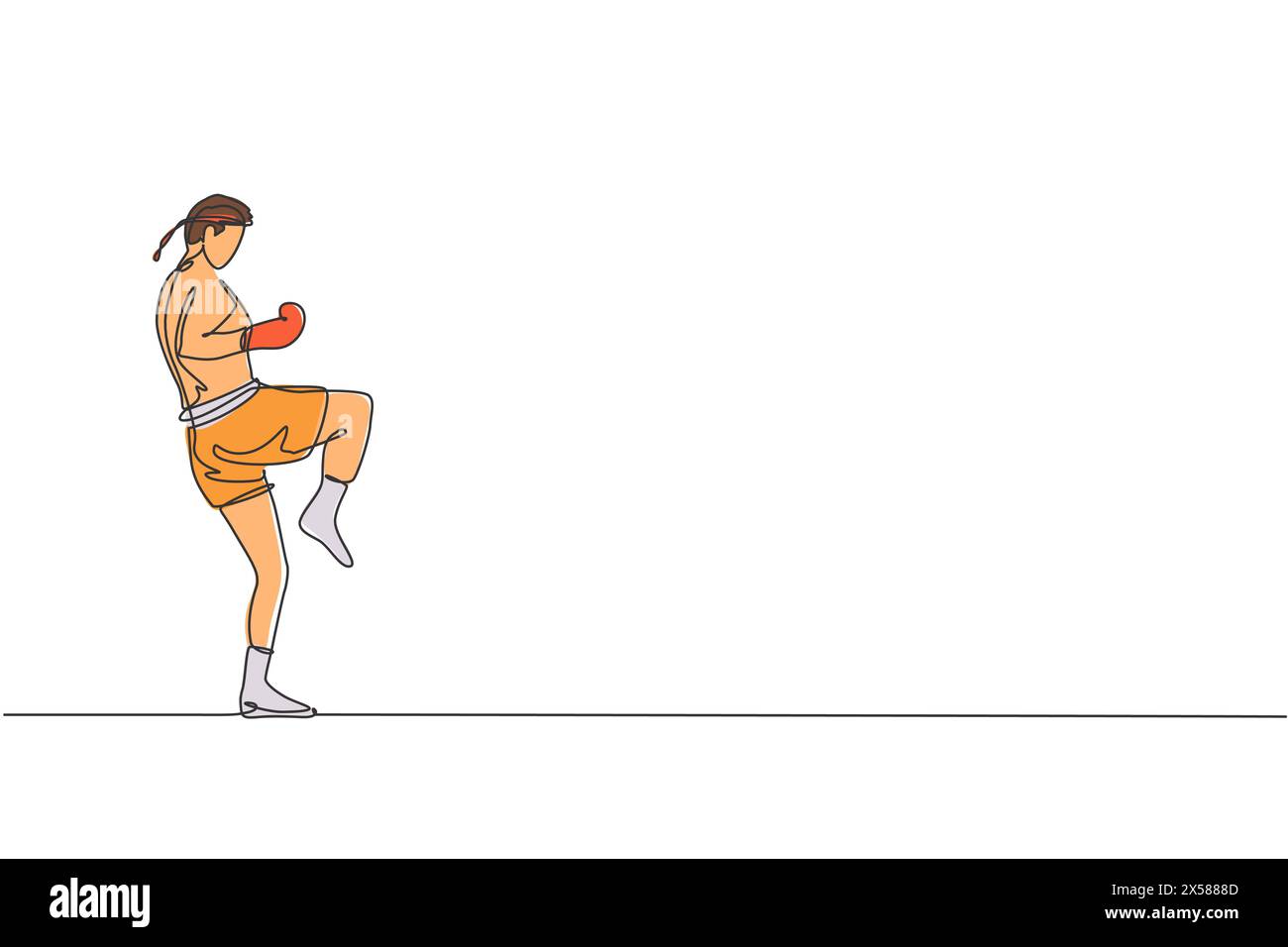 One single line drawing of young energetic muay thai fighter man ...