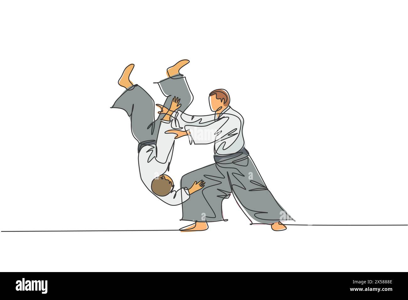 One single line drawing of young energetic man wearing kimono exercise ...