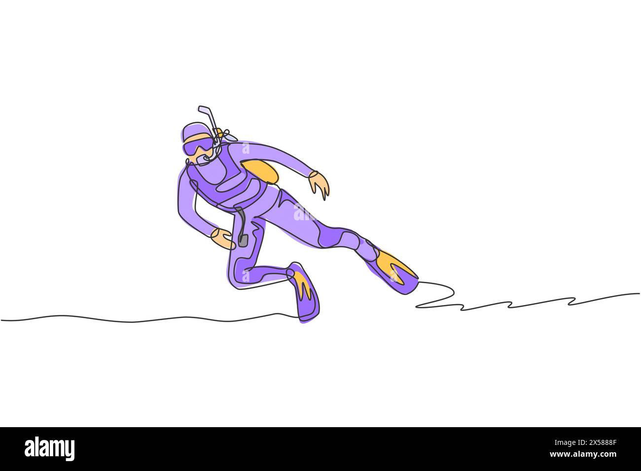 Single continuous line drawing young sportive man do scuba diving into ...