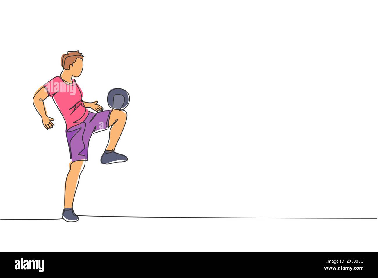 Single continuous line drawing of young sportive man train soccer ...