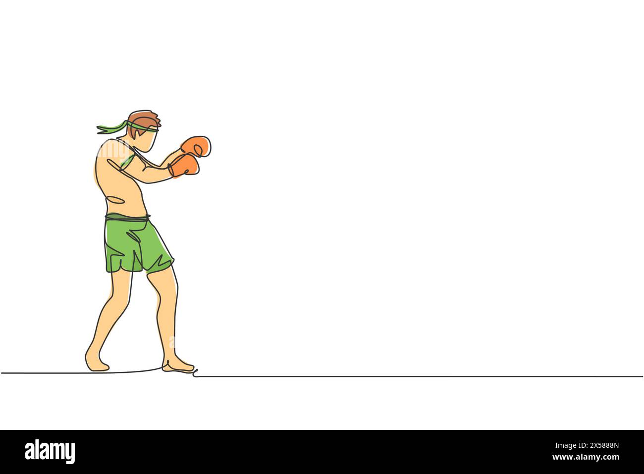 Single continuous line drawing of young man training thai preparing to ...