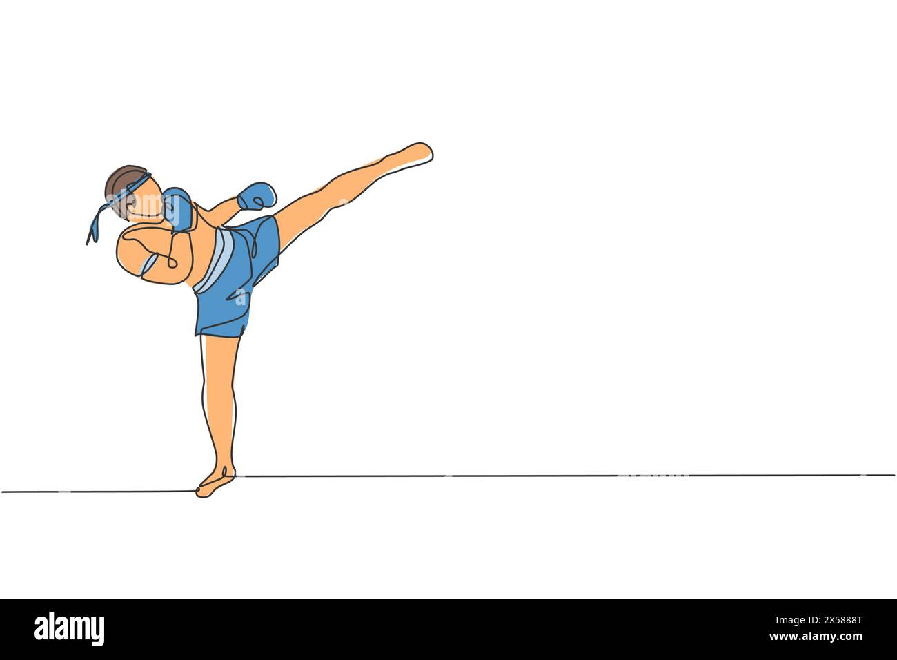 Single continuous line drawing young sportive man training thai boxing ...