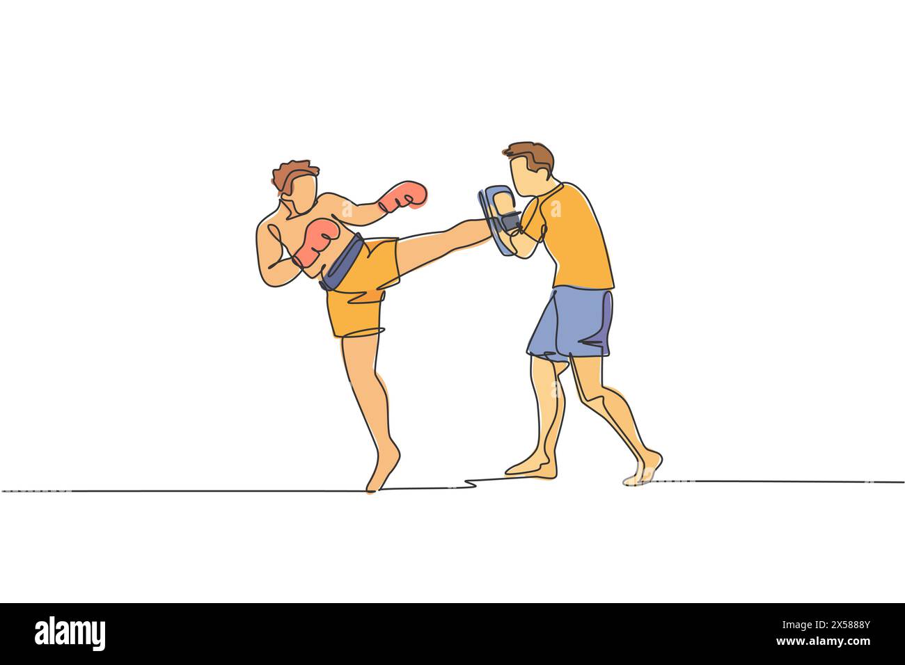 One continuous line drawing of young sporty man kickboxer athlete ...