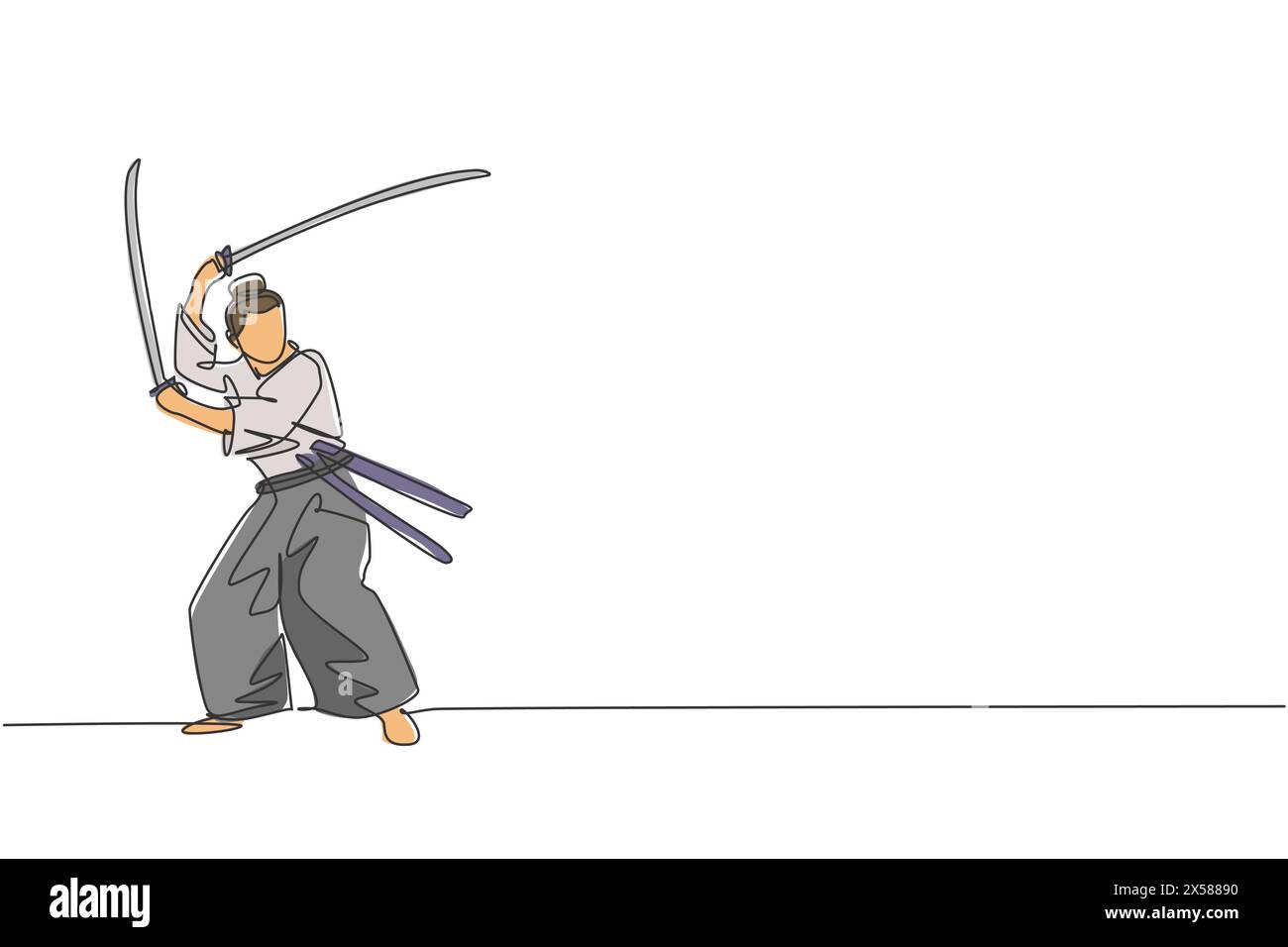 One continuous line drawing of young bravery samurai warrior pose ready ...