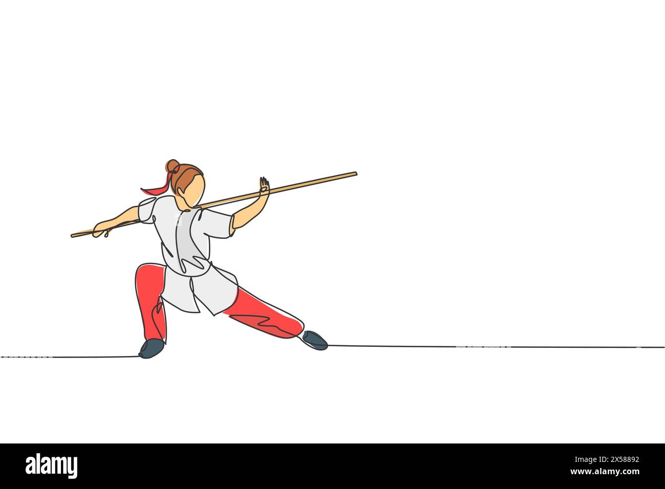 Single continuous line drawing of young woman wushu fighter, kung fu ...