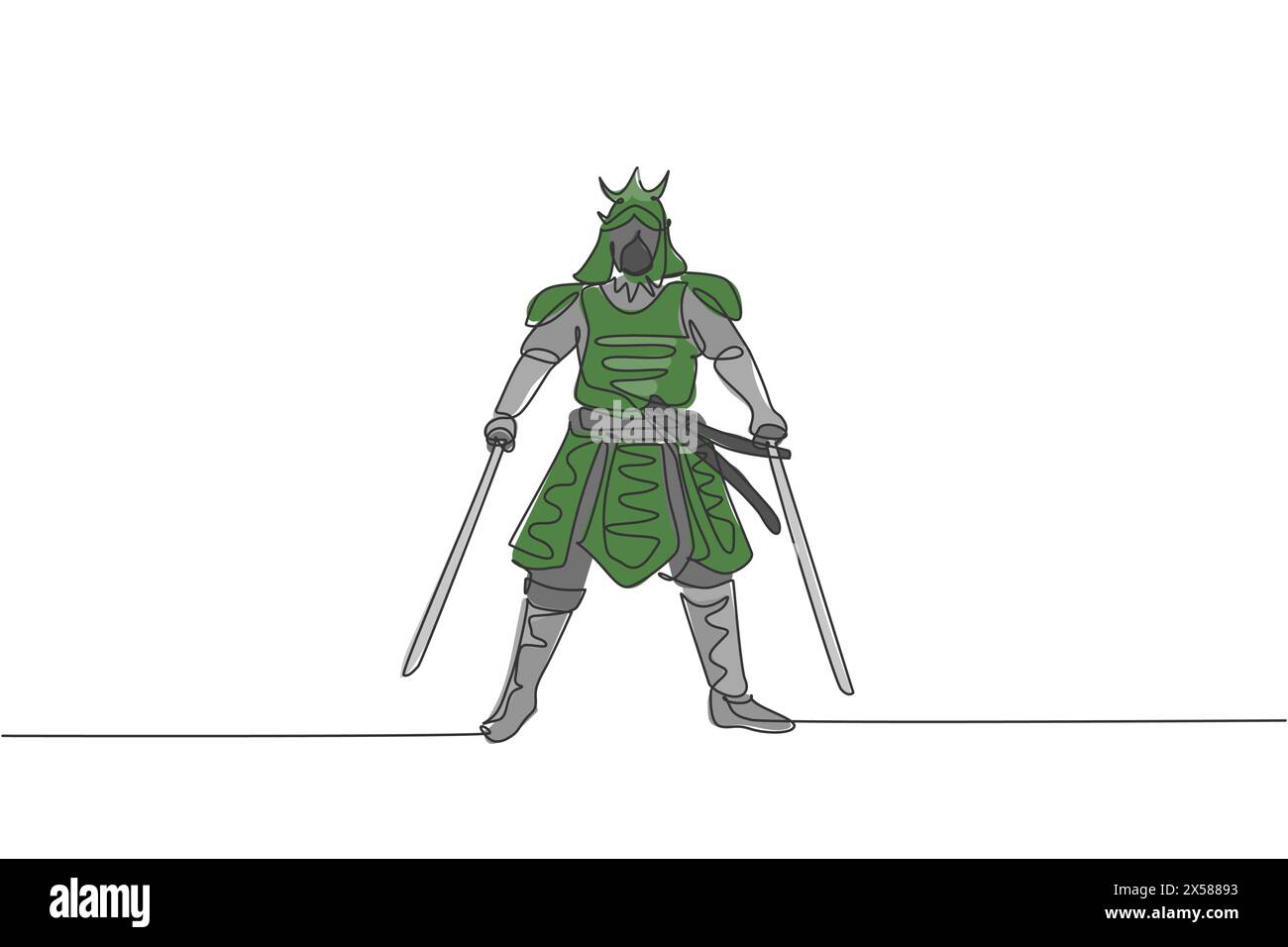 One single line drawing of young Japanese samurai warrior holding ...
