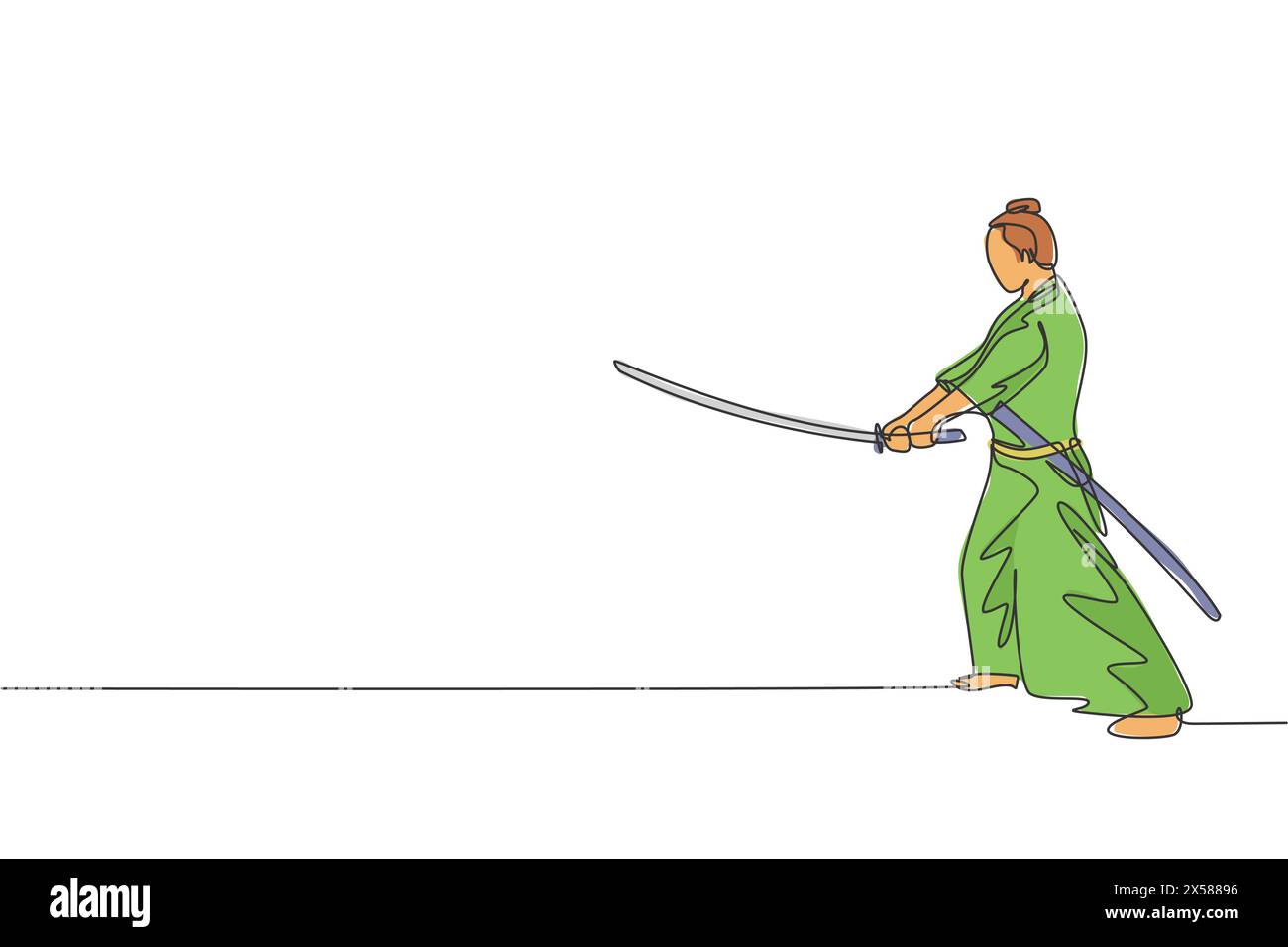 Single continuous line drawing of young strong samurai warrior wearing ...