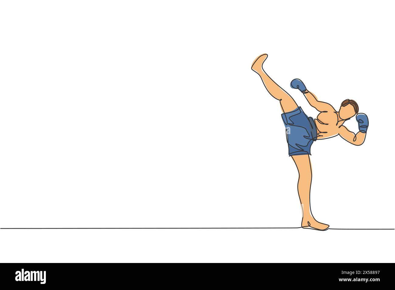 Single continuous line drawing of young sportive man kickboxer exercise ...