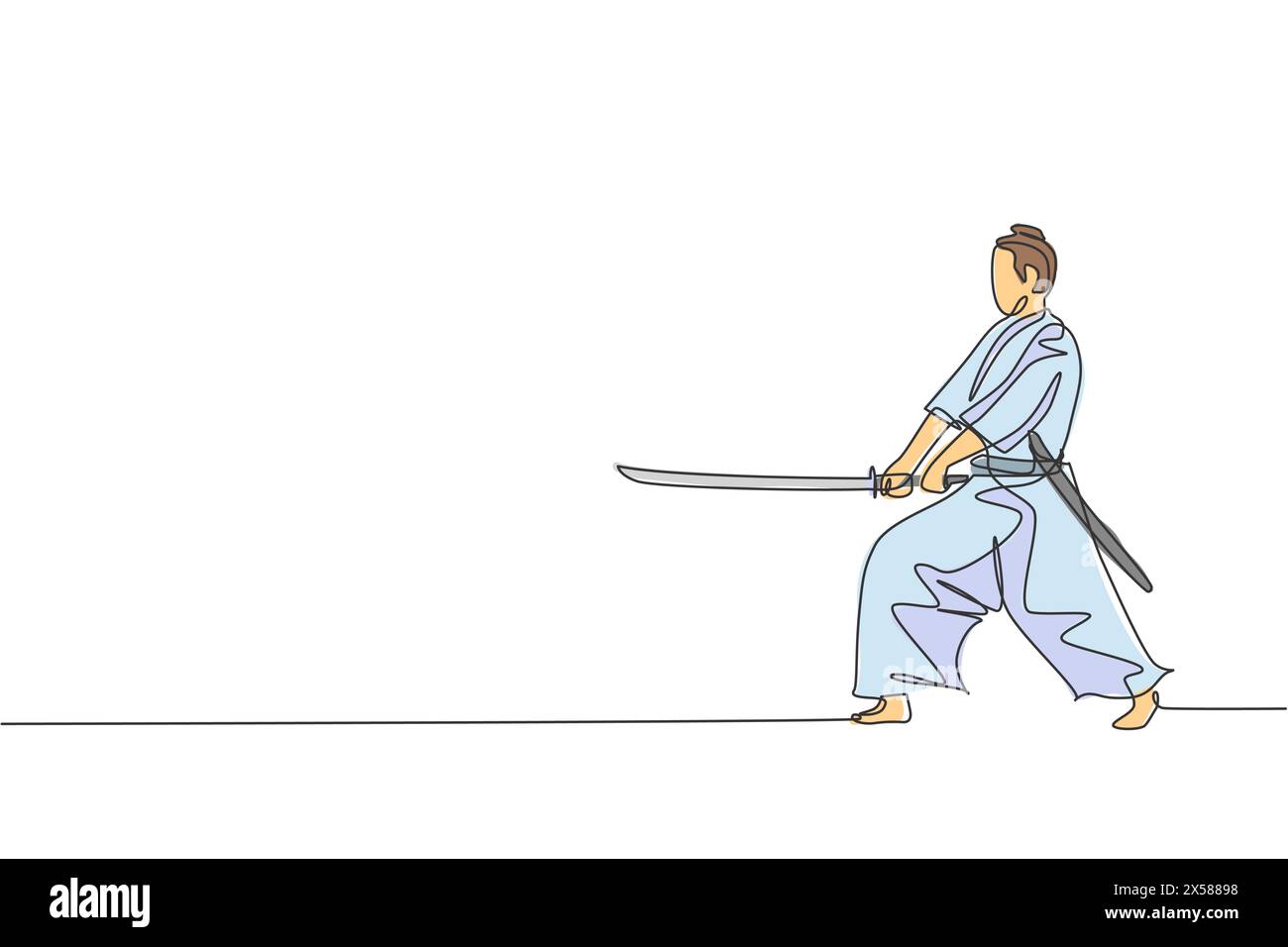One single line drawing of young Japanese samurai warrior holding ...