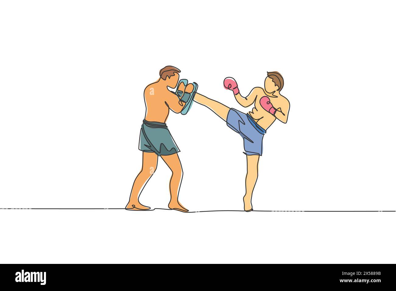 One single line drawing of young energetic man kickboxer practice with ...