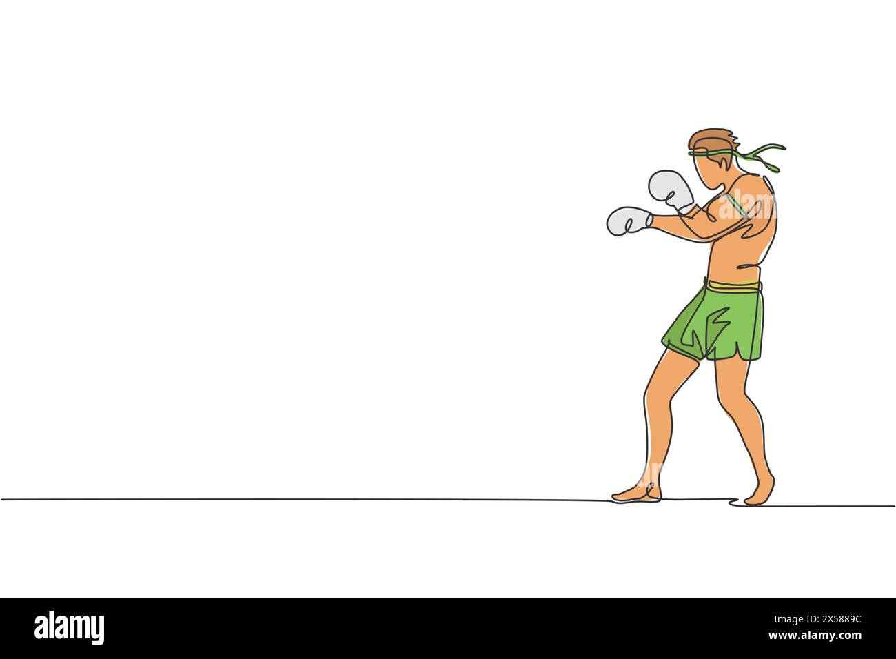 One single line drawing of young energetic muay thai fighter man ...