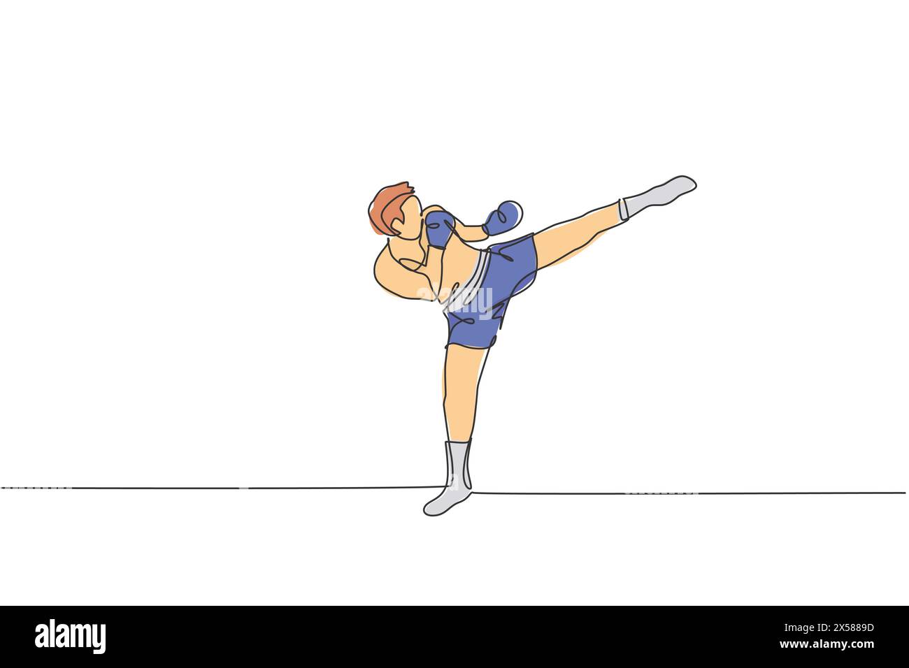 Single continuous line drawing young sportive man training thai boxing ...