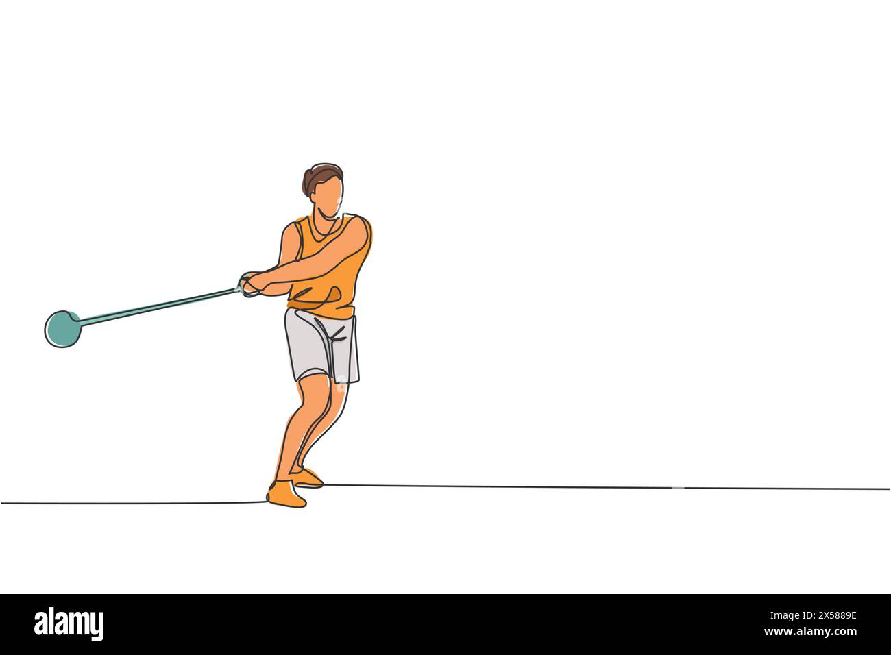 One single line drawing of young energetic man exercise to throw hammer powerfully on field ...
