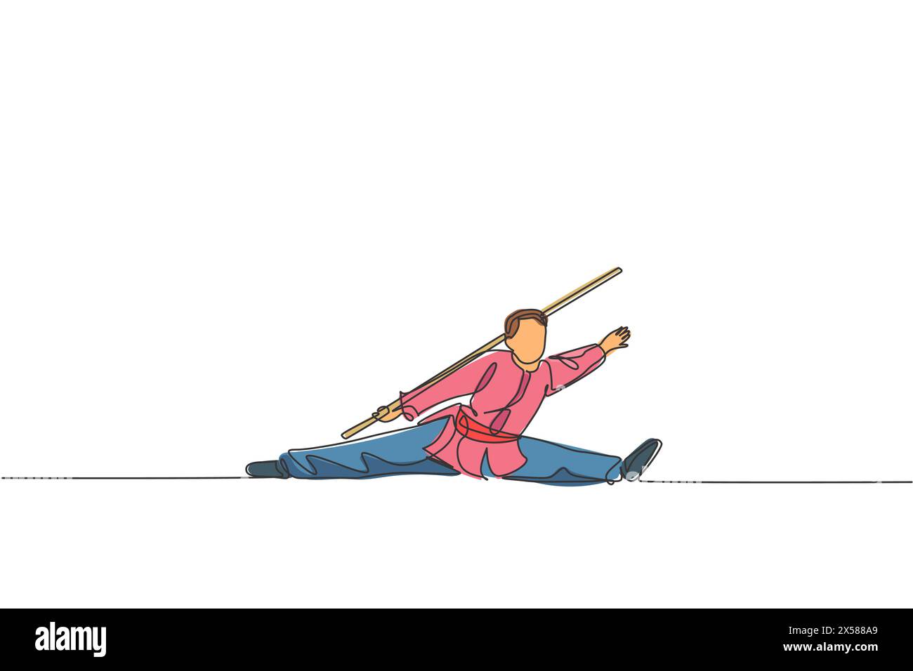 One continuous line drawing of wushu master man, kung fu warrior in ...