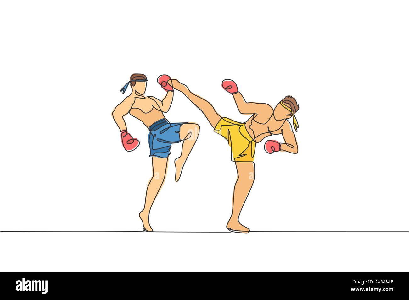 One single line drawing of two young energetic muay thai fighter men ...