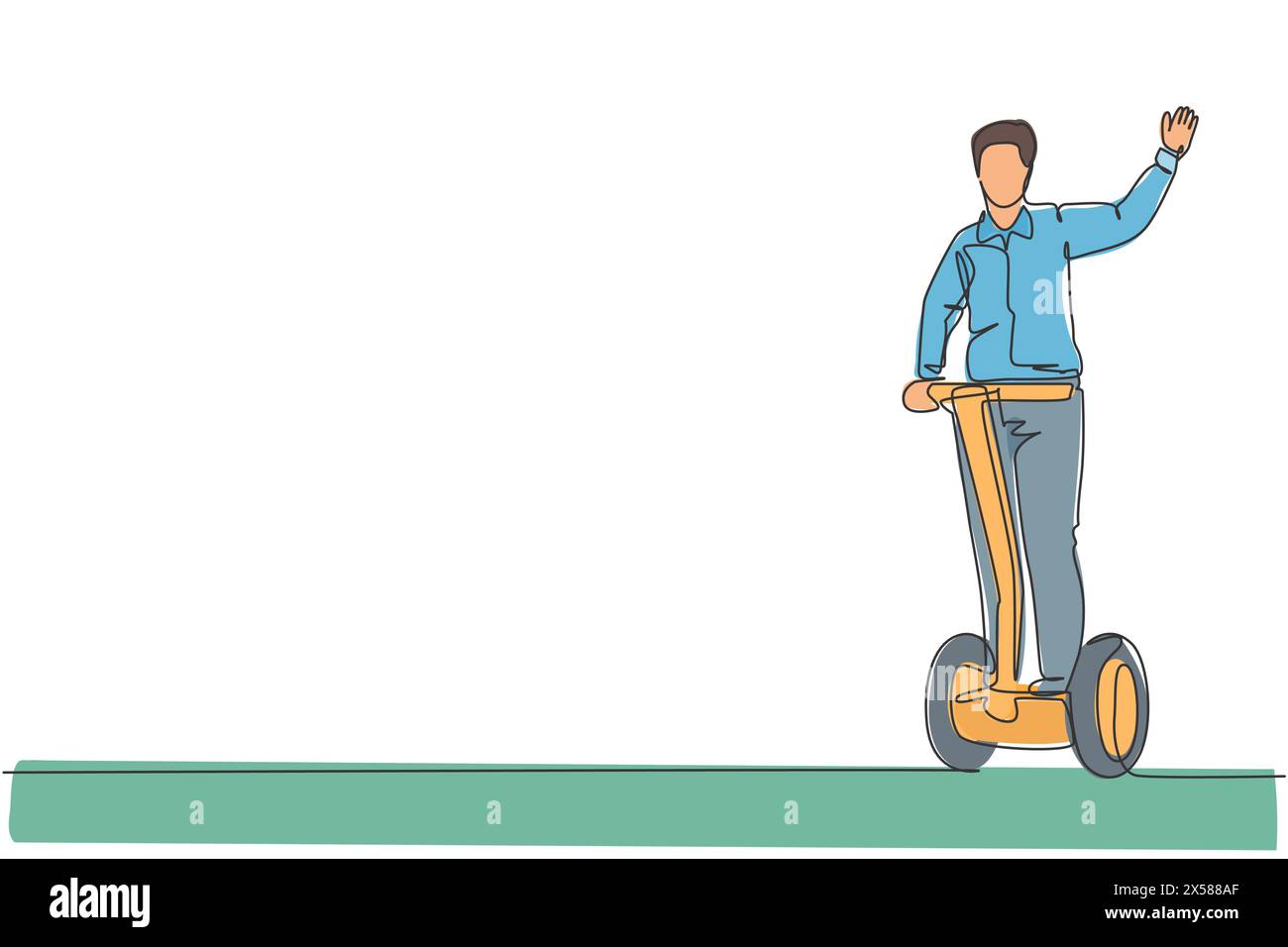 One single line drawing young energetic man riding electric two wheel ...