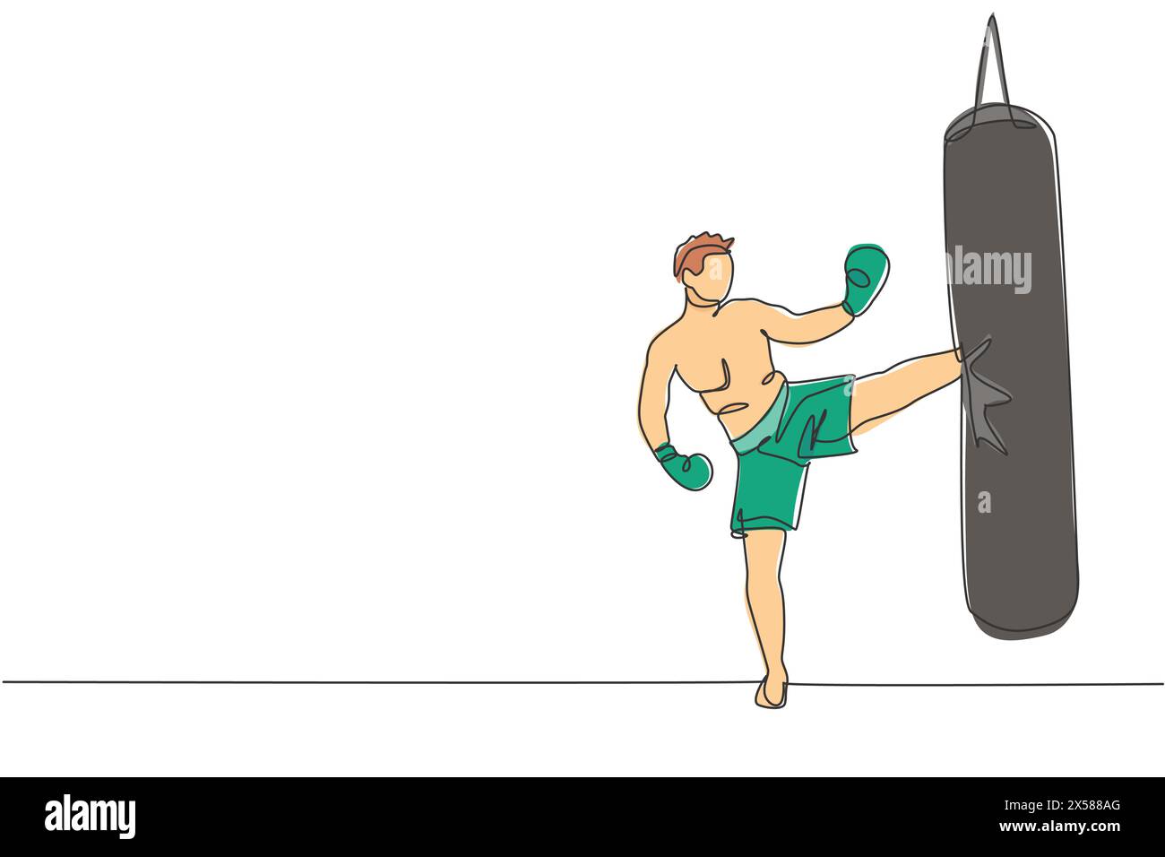Single continuous line drawing of young sportive man kickboxer exercise ...