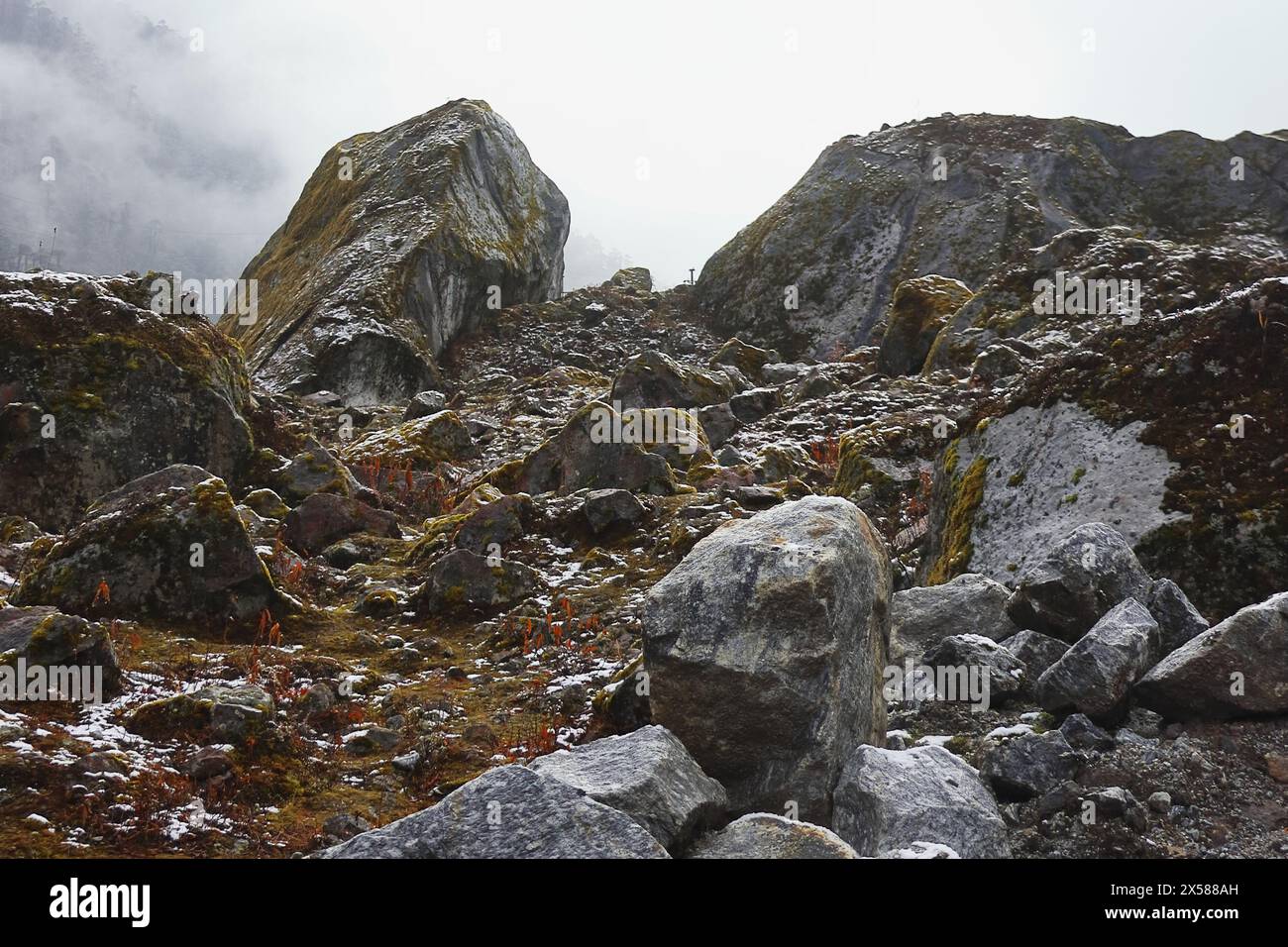 frosty and foggy alpine landscape, scenic high altitude himalaya ...