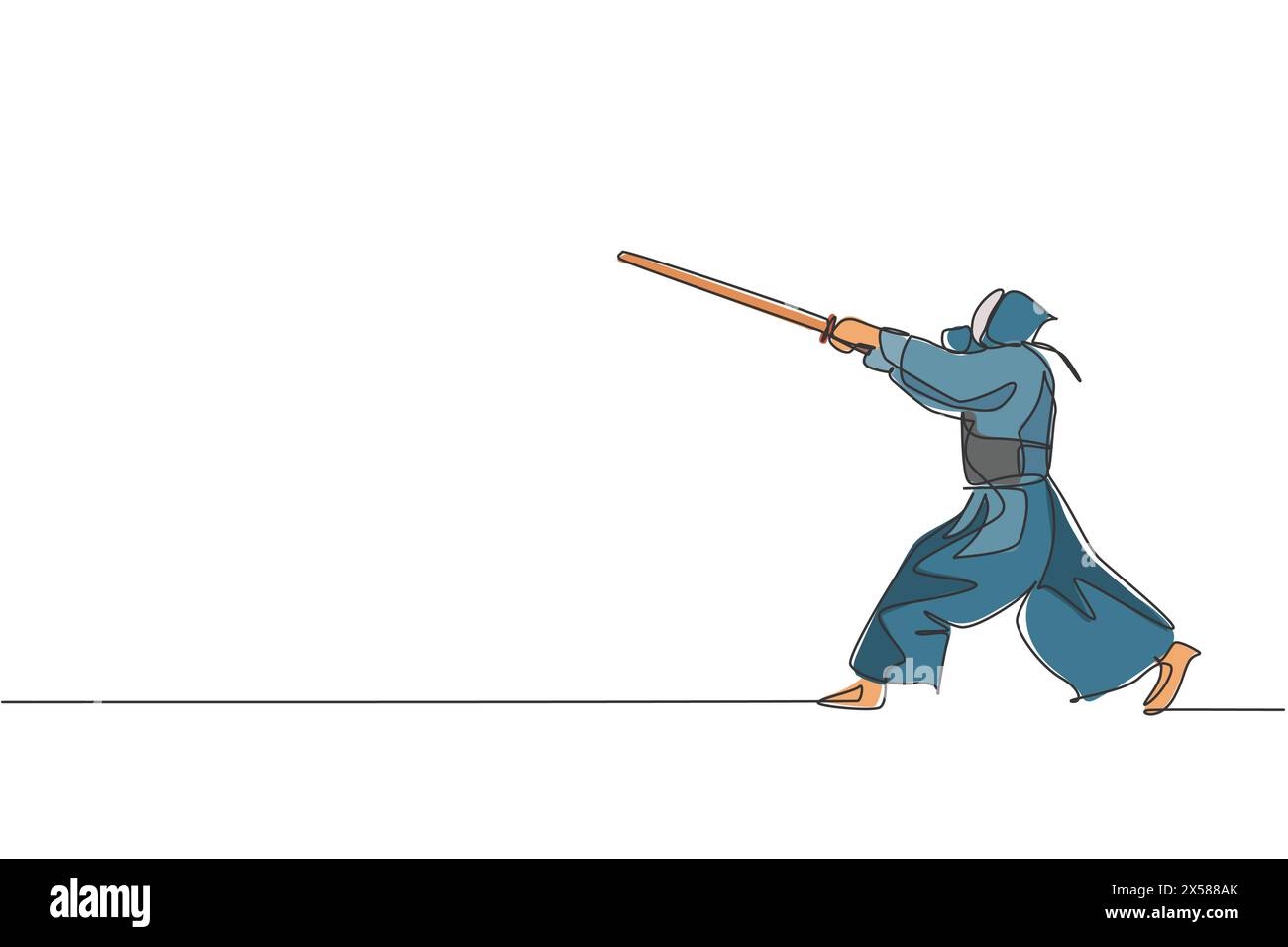 One single line drawing energetic man exercise attack skill on kendo ...