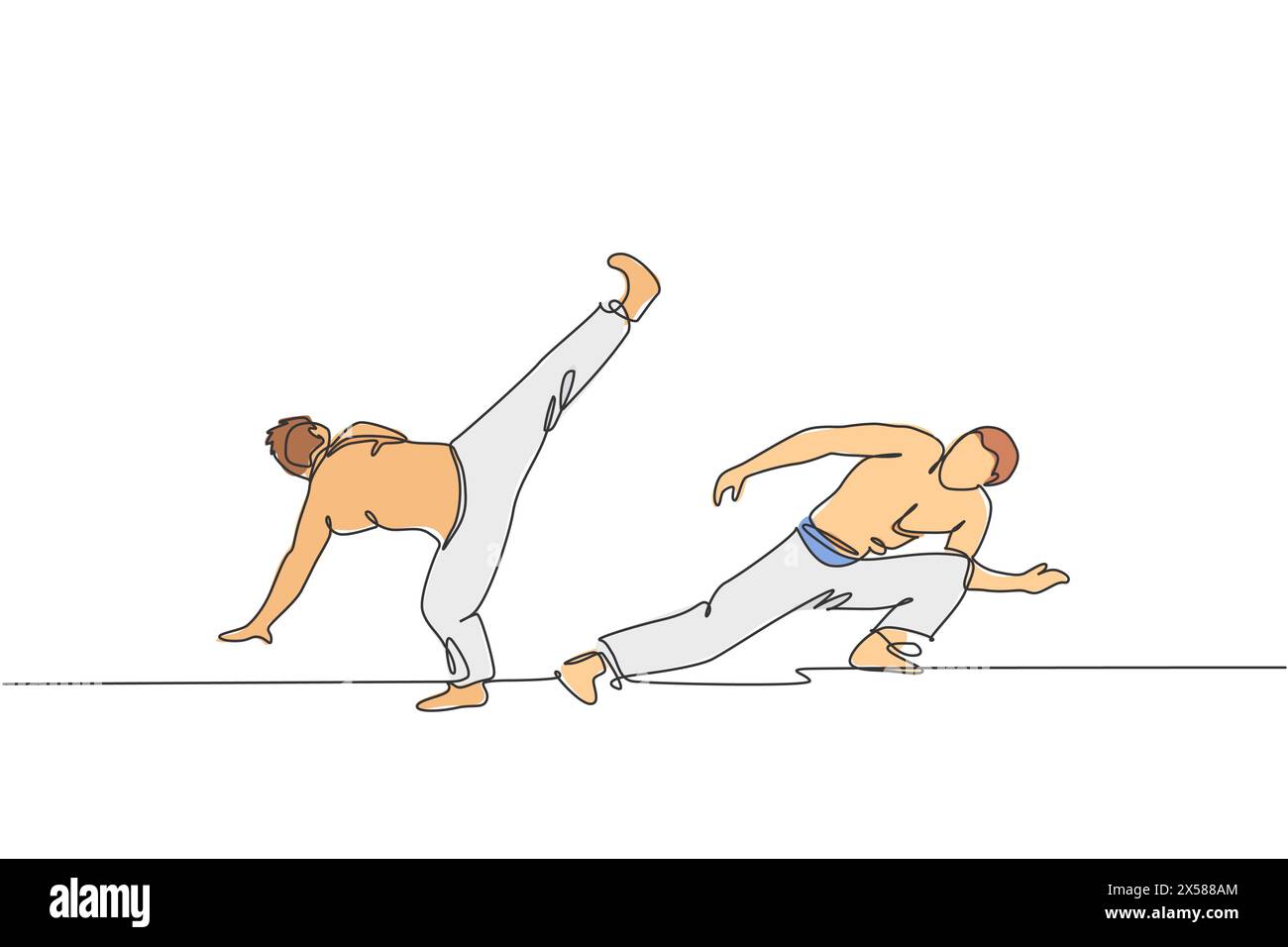 One continuous line drawing of two young sporty Brazilian fighter men ...