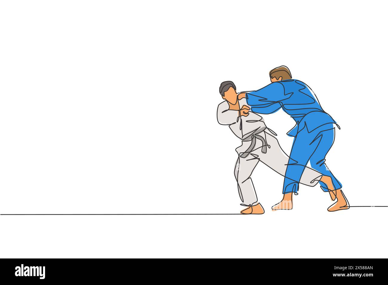 One single line drawing of two young energetic judokas fighter men ...