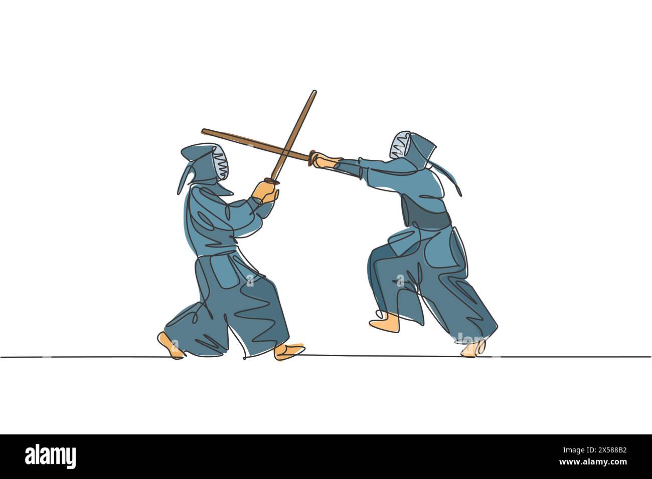 One single line drawing of two young energetic men exercise kendo ...