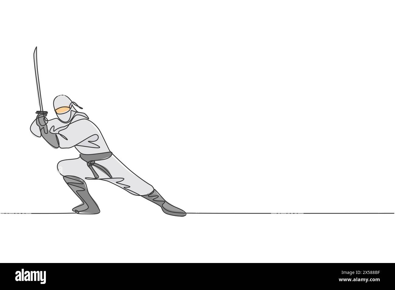Single continuous line drawing of young Japanese culture ninja warrior ...