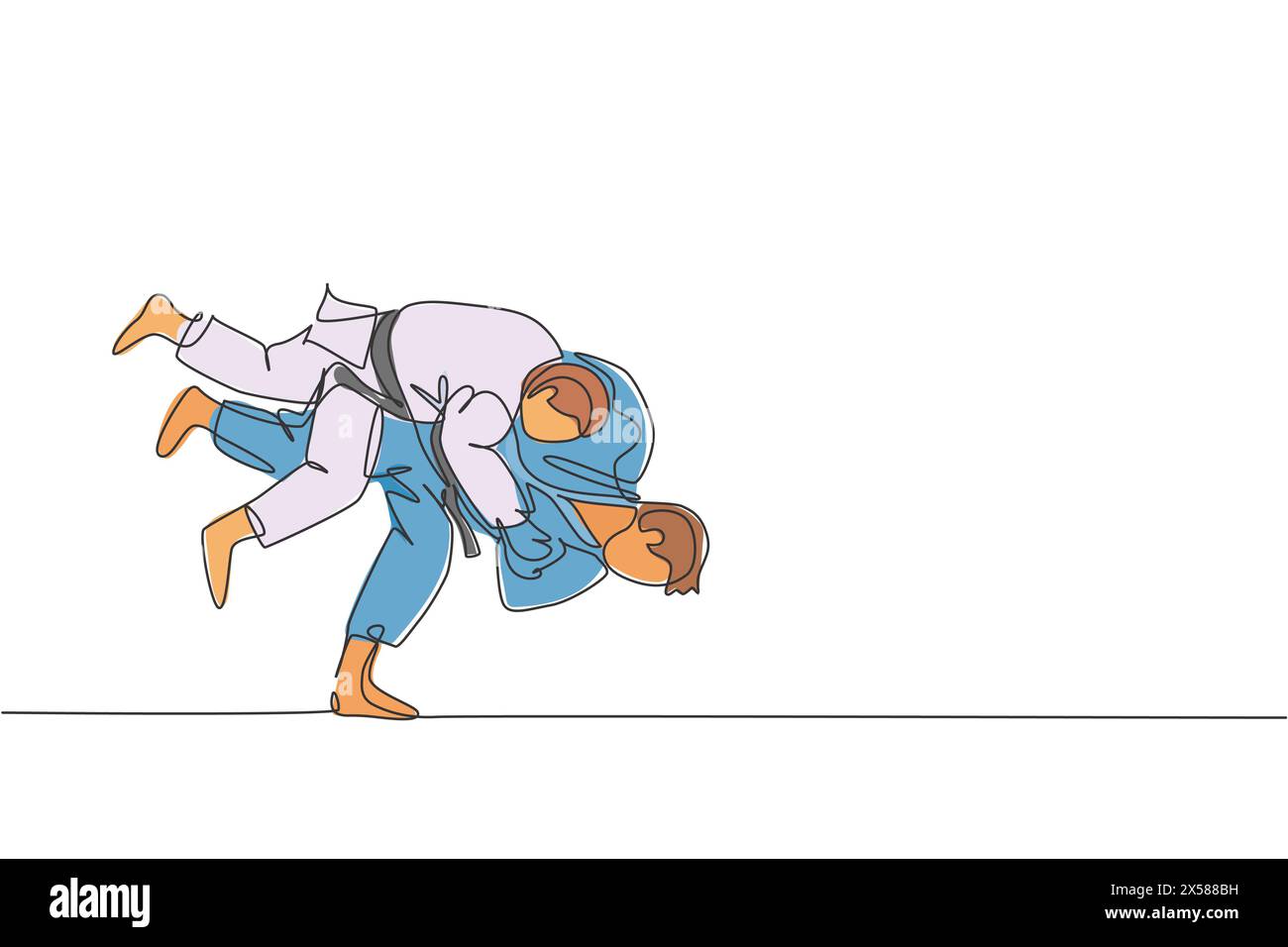 Single continuous line drawing of two young sportive judoka fighter men ...