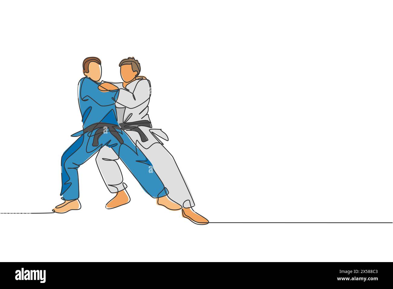 One continuous line drawing of two young sporty men training judo ...