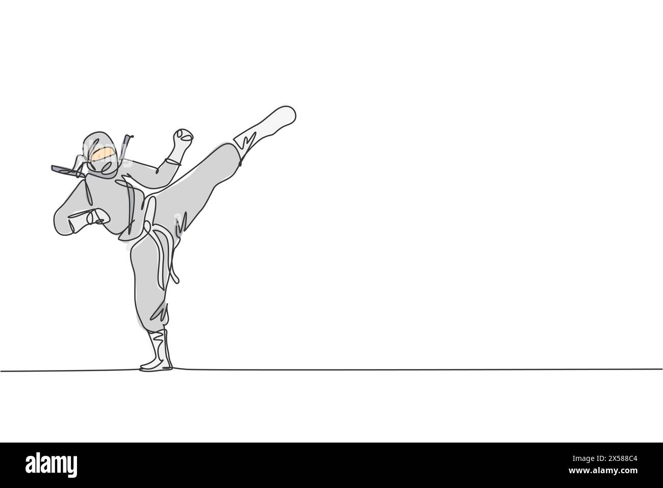 Single continuous line drawing of young Japanese culture ninja warrior ...