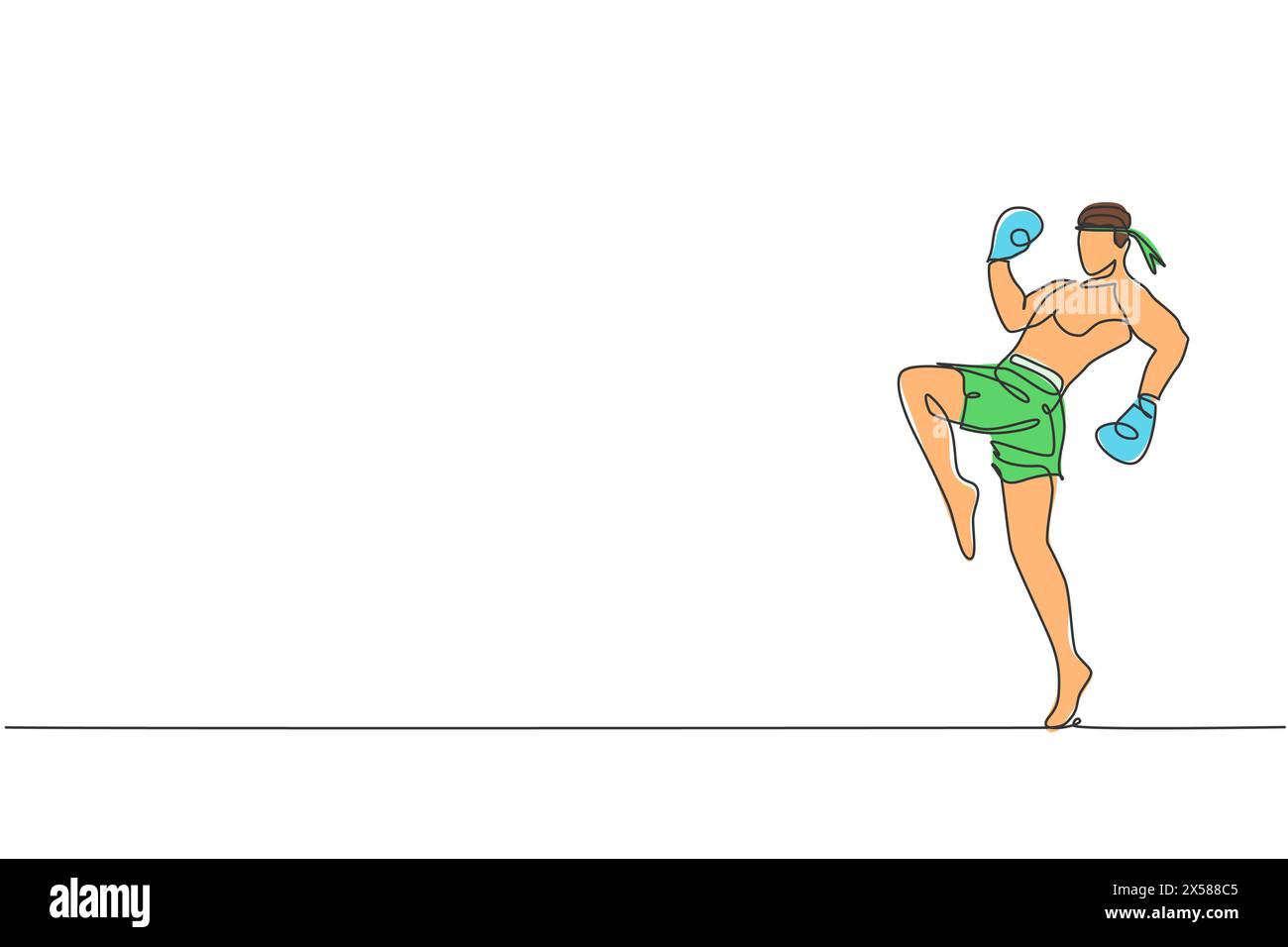 One continuous line drawing of young sporty muay thai boxer man ...