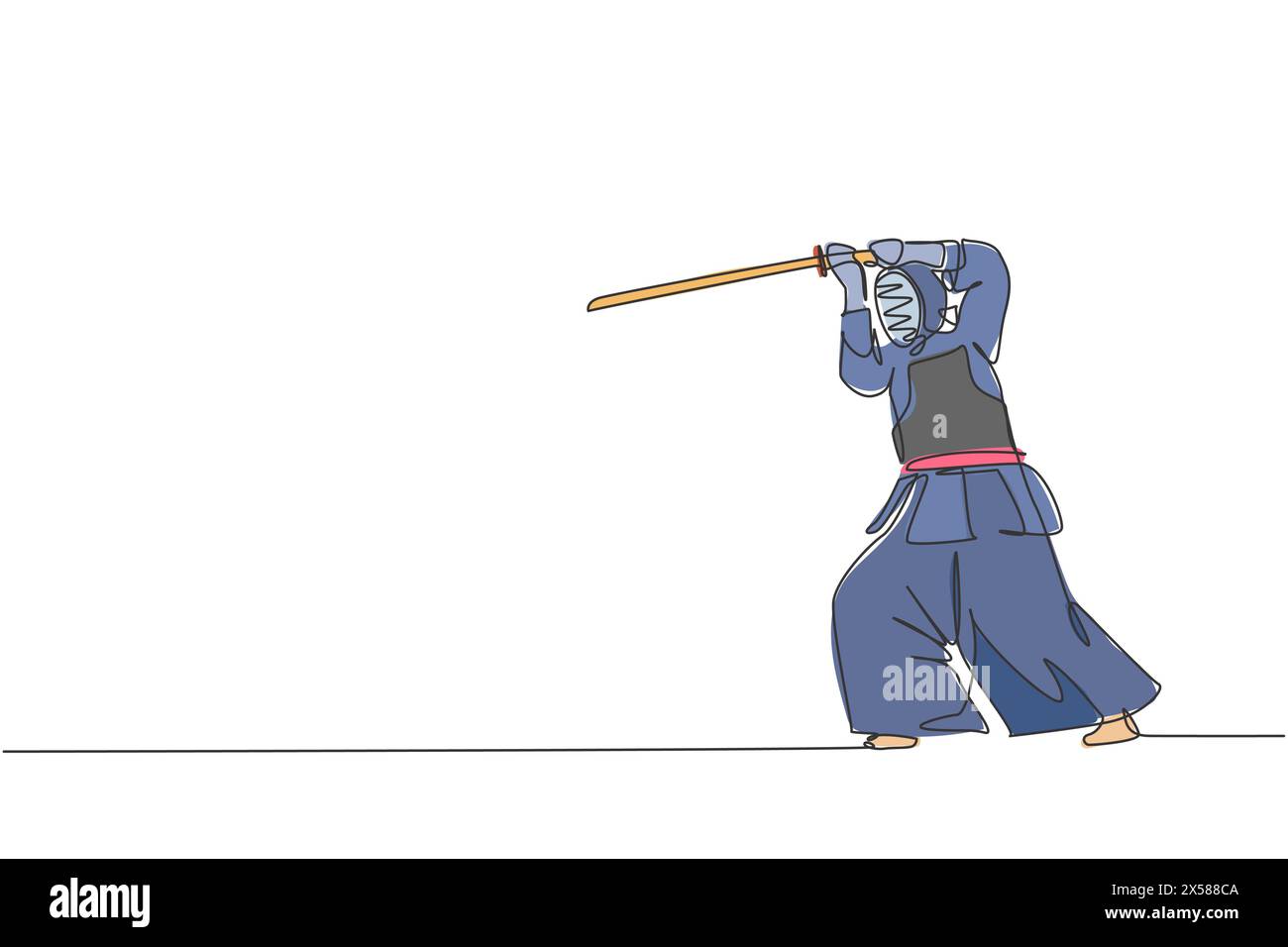 One continuous line drawing of young sporty man training kendo defense ...